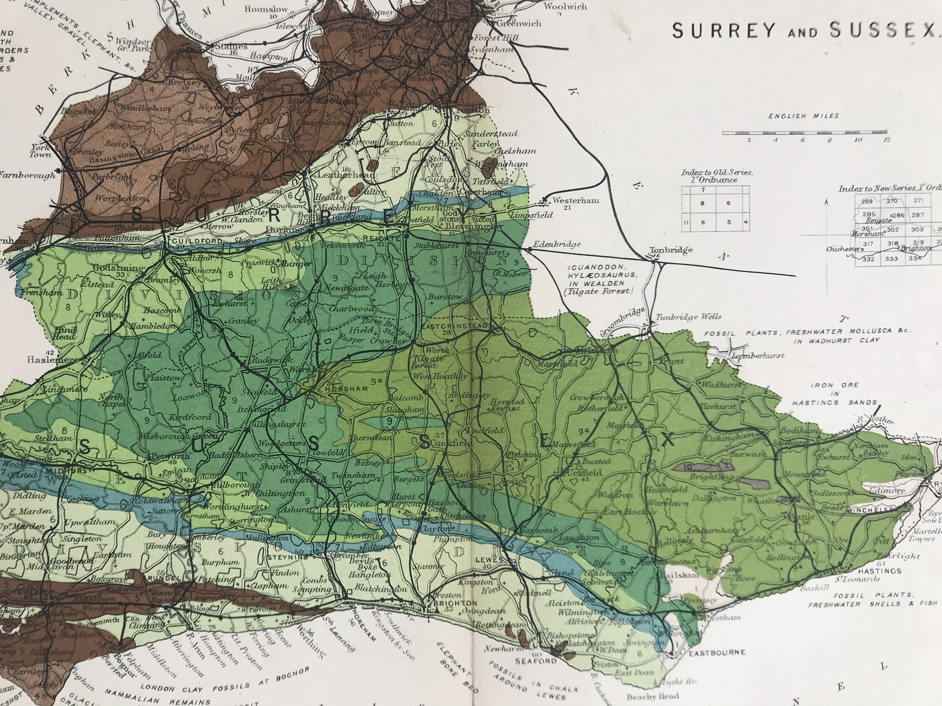 1913 Surrey and Sussex Original Antique Small Geological Map - UK ...