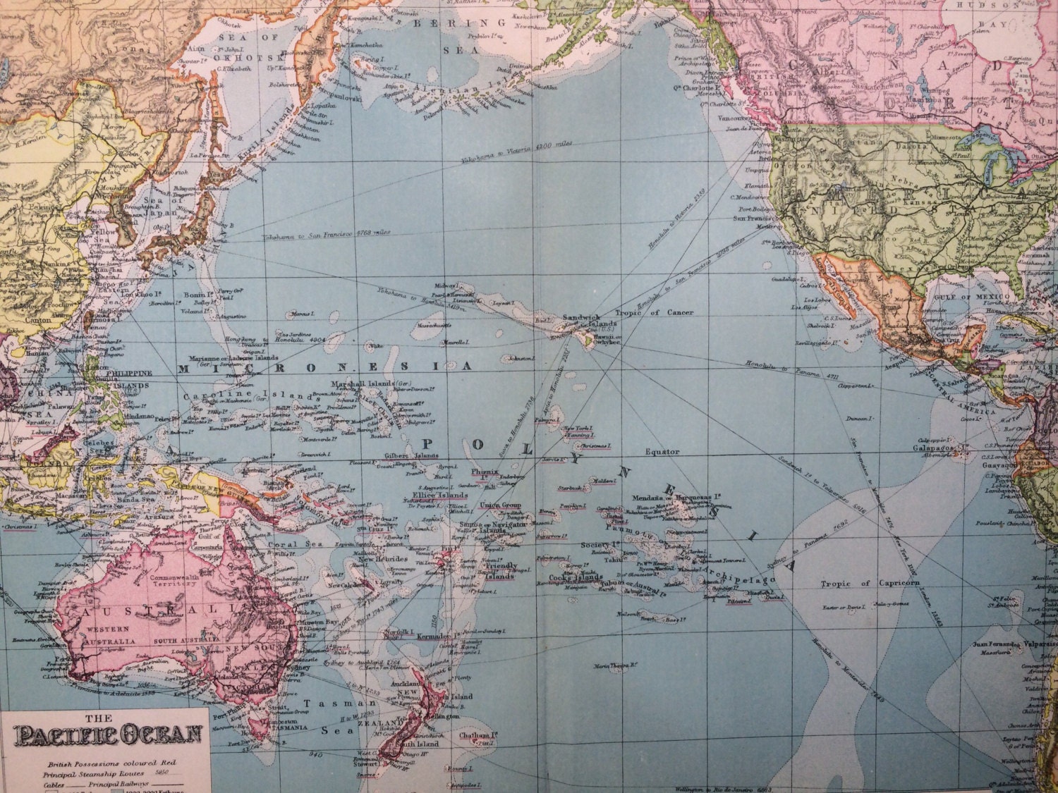 THE PACIFIC OCEAN Original Antique Map c.1910, 10.5 x 13.5 inches ...