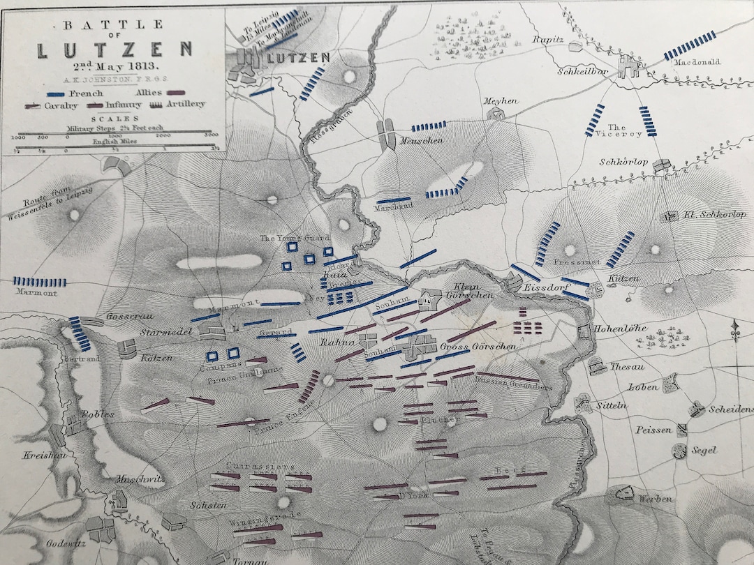 1875 Battle of Lutzen, 1813 Original Antique Map - Napoleonic Wars ...