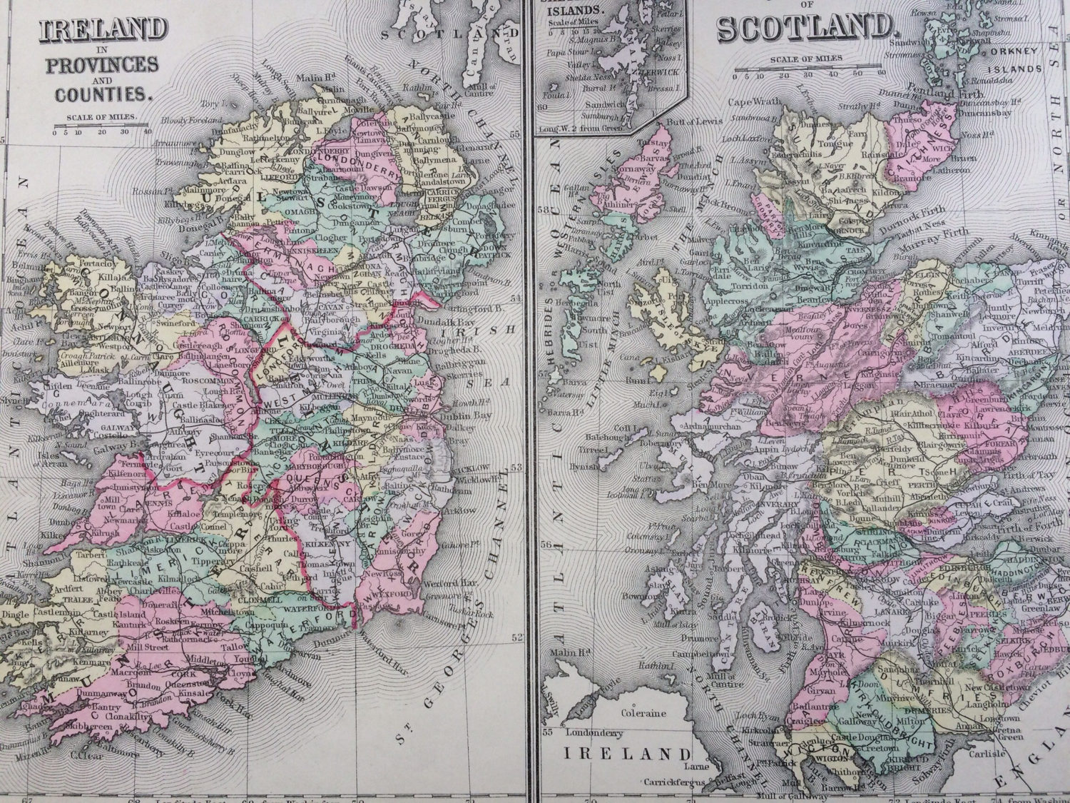 1888 IRELAND & SCOTLAND large rare original antique Mitchell Map - Wall ...