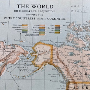 1903 Original Antique World Map on Mercator's Projection Showing the ...