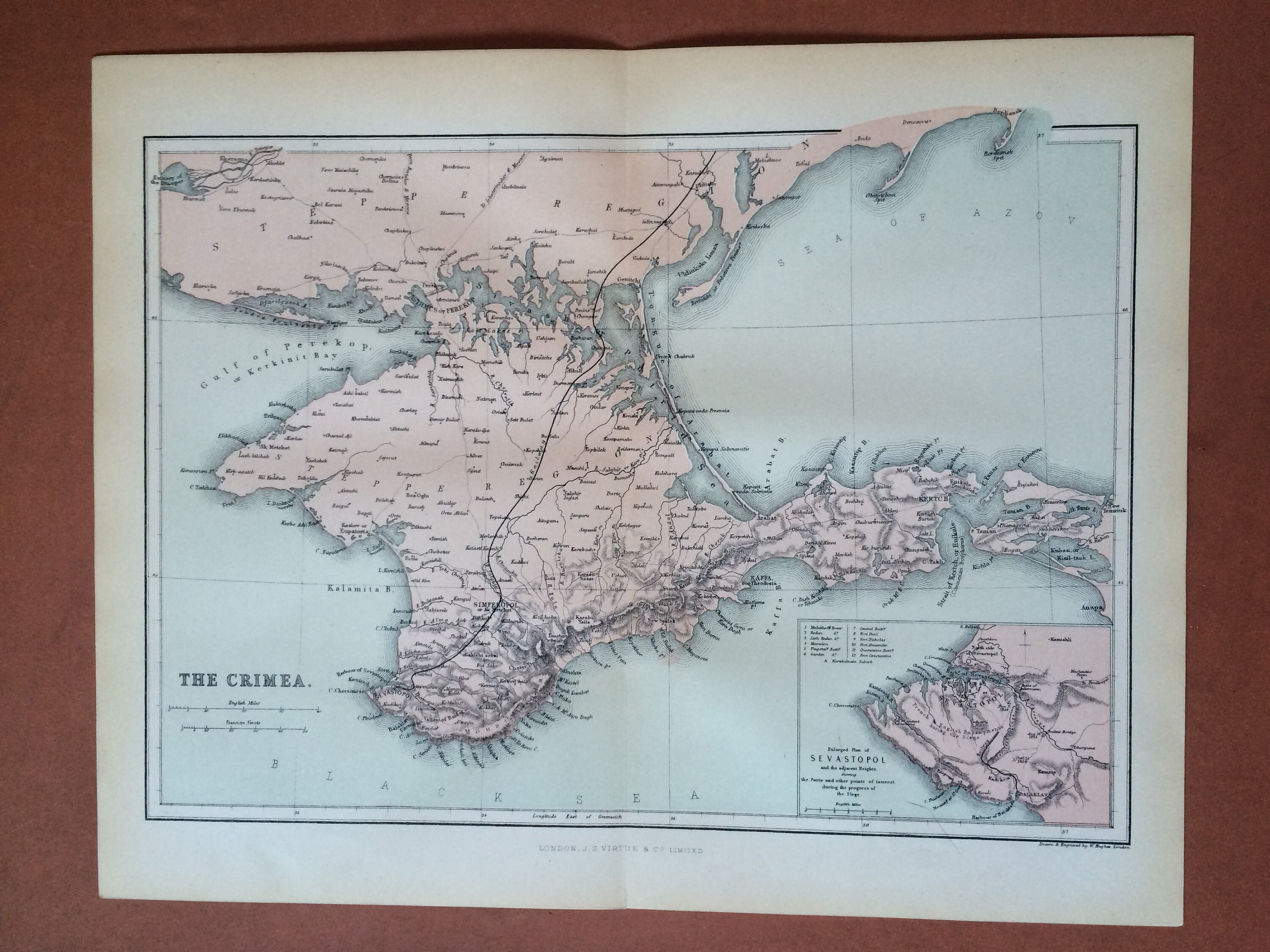 1895 Crimea Original Antique Map with inset map of Sebastopol - Ukraine ...