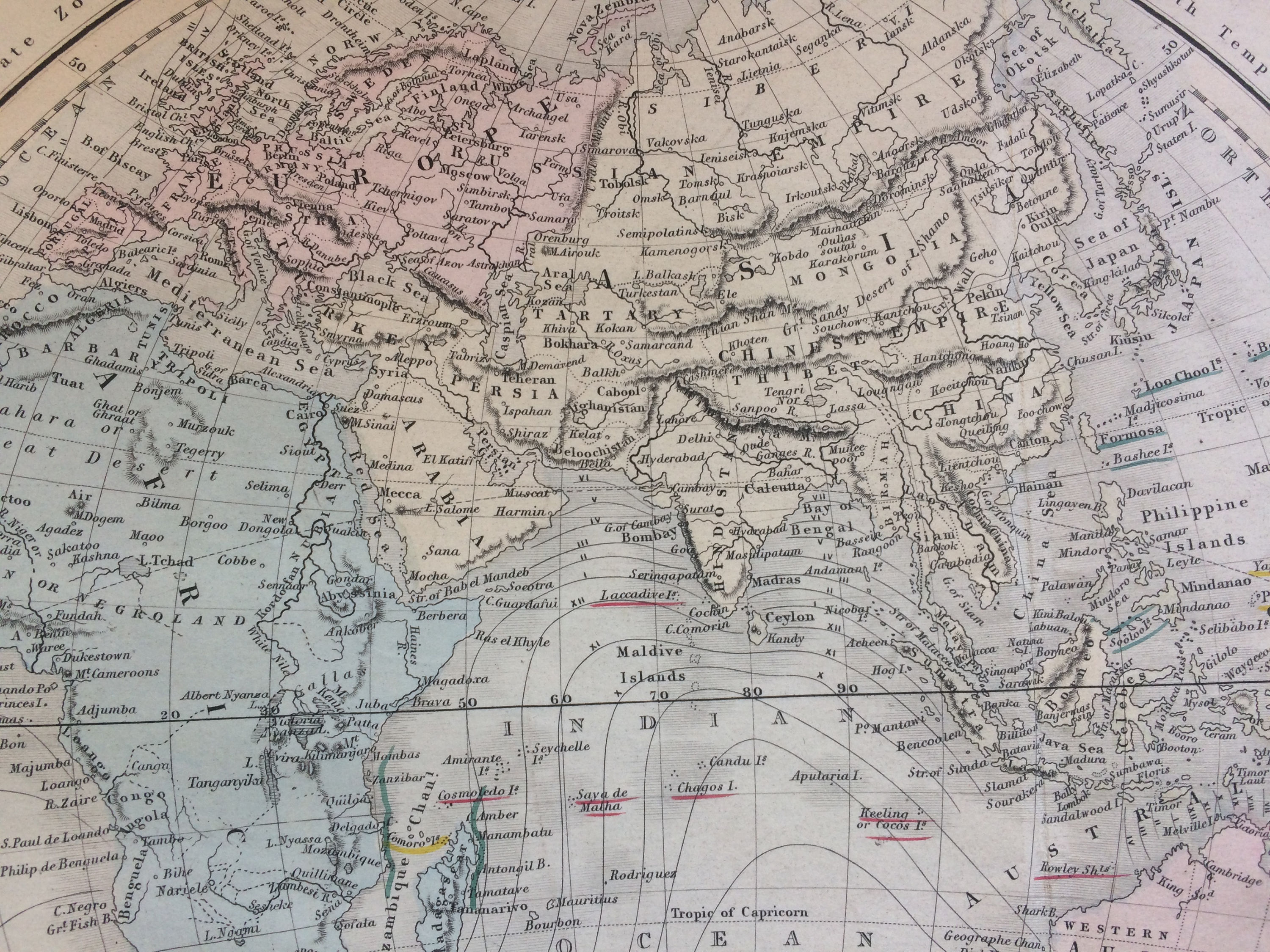 1870 Original Antique World Map showing Western and Eastern Hemispheres ...