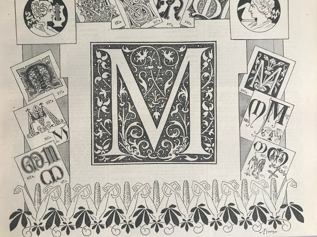 1897 Letter M - Decorative Alphabet Letter Original Antique Print ...