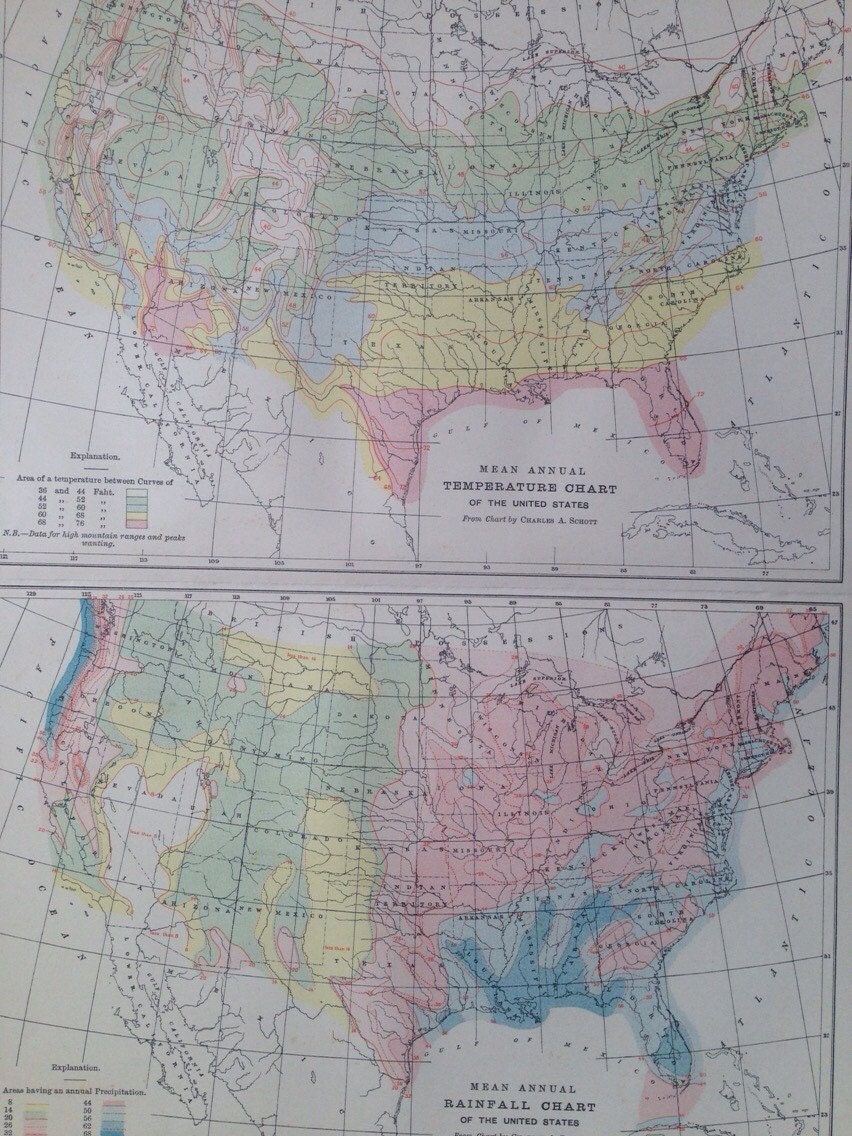1875 USA METEOROLOGY large original antique map, cartography, geography ...