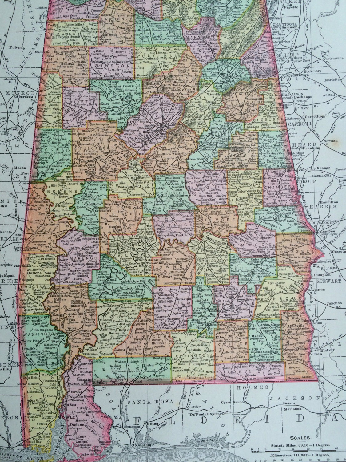 1898 ALABAMA Original Antique Map, 11 x 14 inches, Rand McNally, Home ...