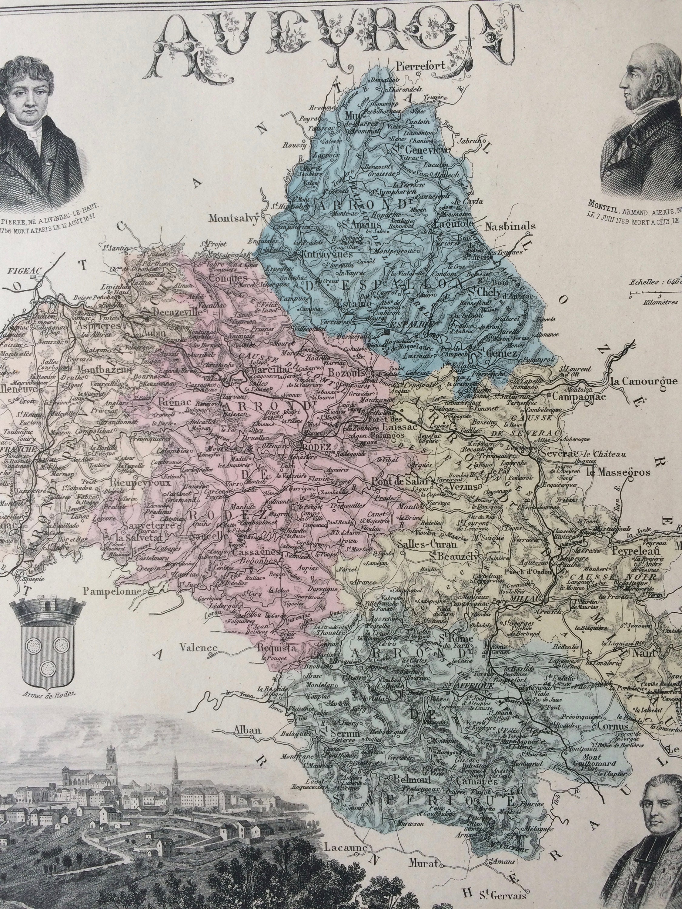 1890 Aveyron Large Original Antique Map - Department of France - Inset ...