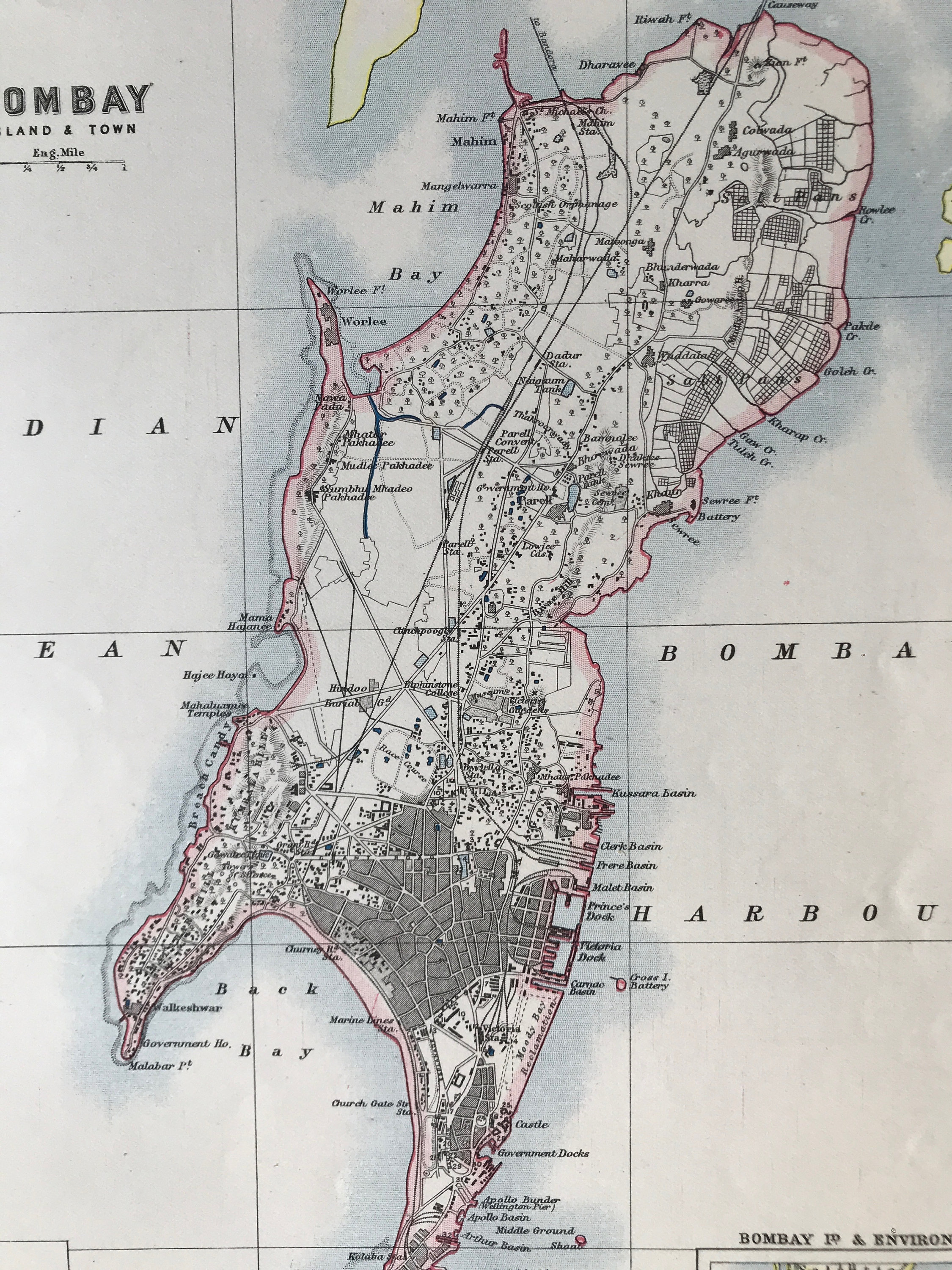 1901 Bombay Island and Town Original Antique Map - India - Mumbai ...