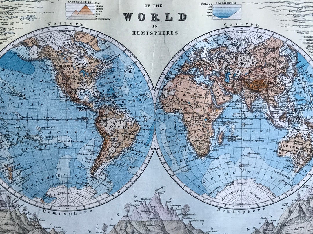 1901 Mapa Batiográfico-Orográfico del Mundo en hemisferios - Etsy México
