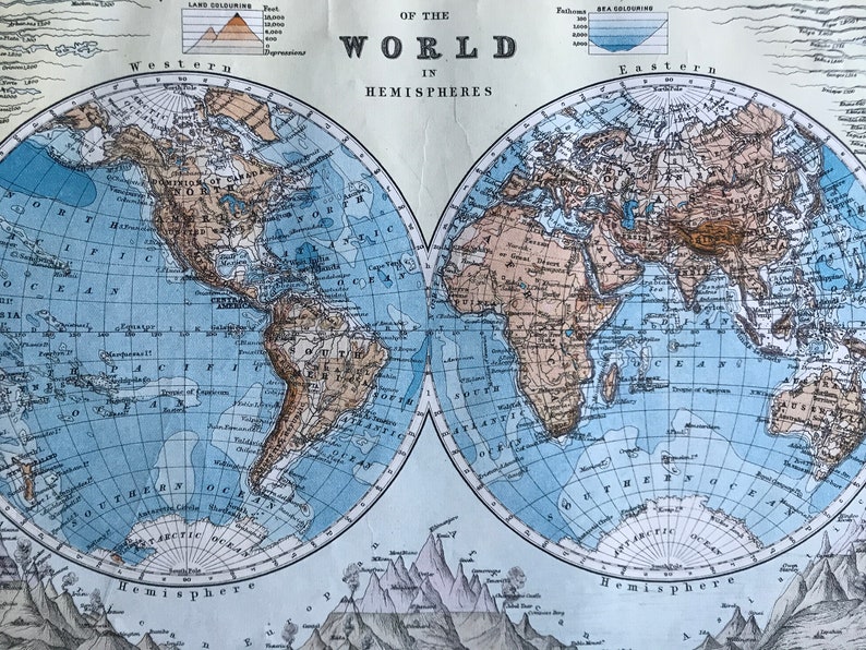 1901 Mapa Batiográfico-Orográfico del Mundo en hemisferios - Etsy México