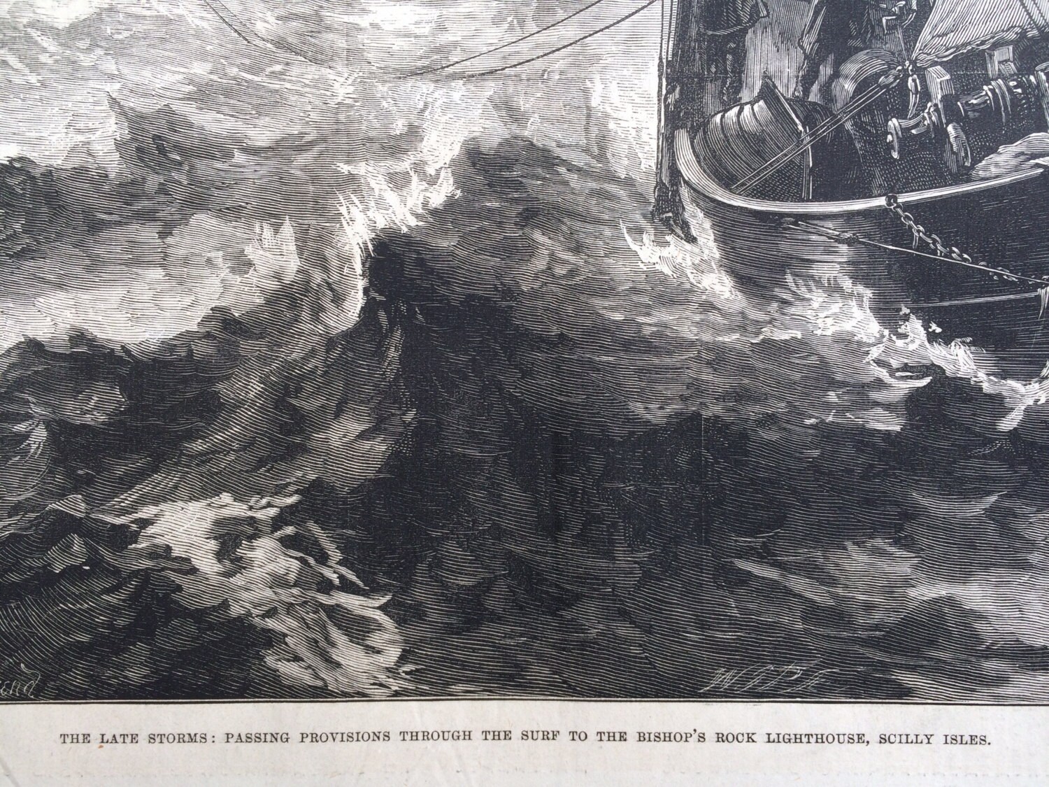 1877 Storms at Bishop's Rock Lighthouse, Scilly Isles antique print ...