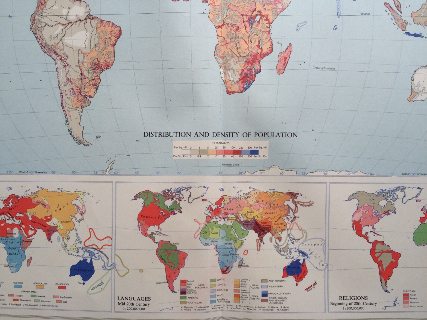1958 Extra Large Original Vintage World Map depicting Mankind, Human ...