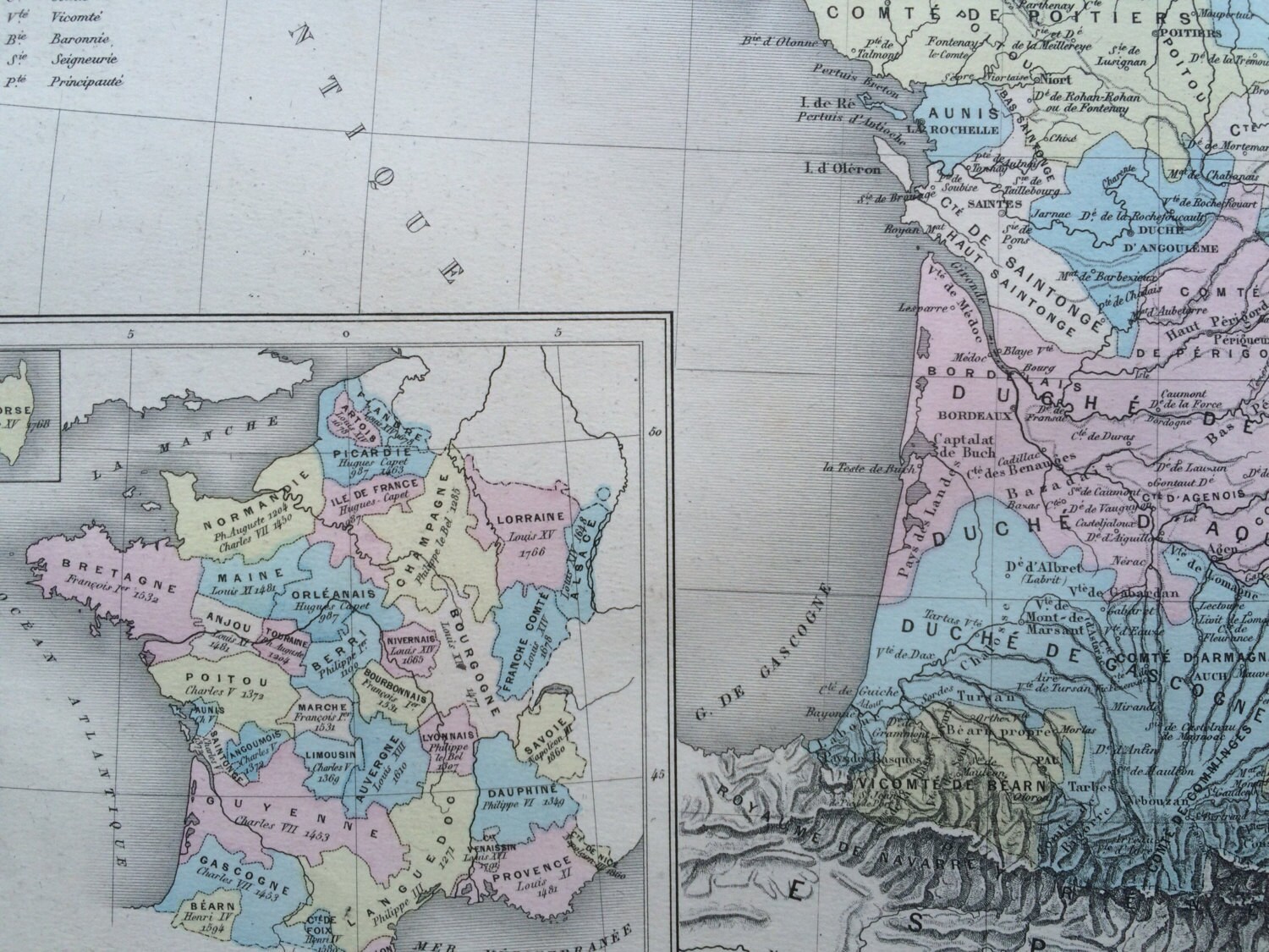 1892 FRANCE (Feudal) original antique map, Nouvel Atlas Illustre ...