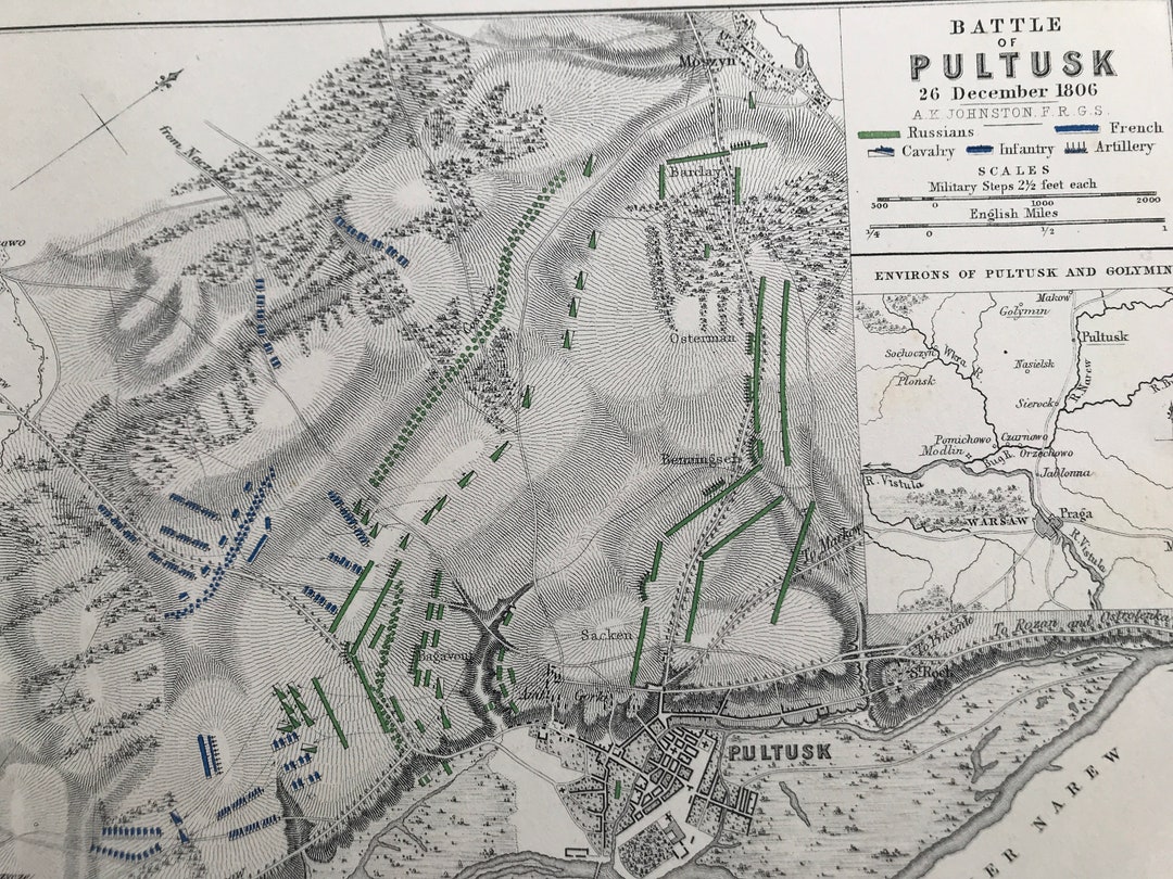 1875 Battle of Pultusk, 1806 Original Antique Map - Poland - Napoleonic ...