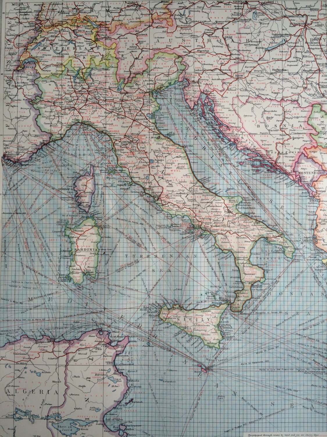 1903 ITALY: Industries and Communications Large Original Antique Map ...