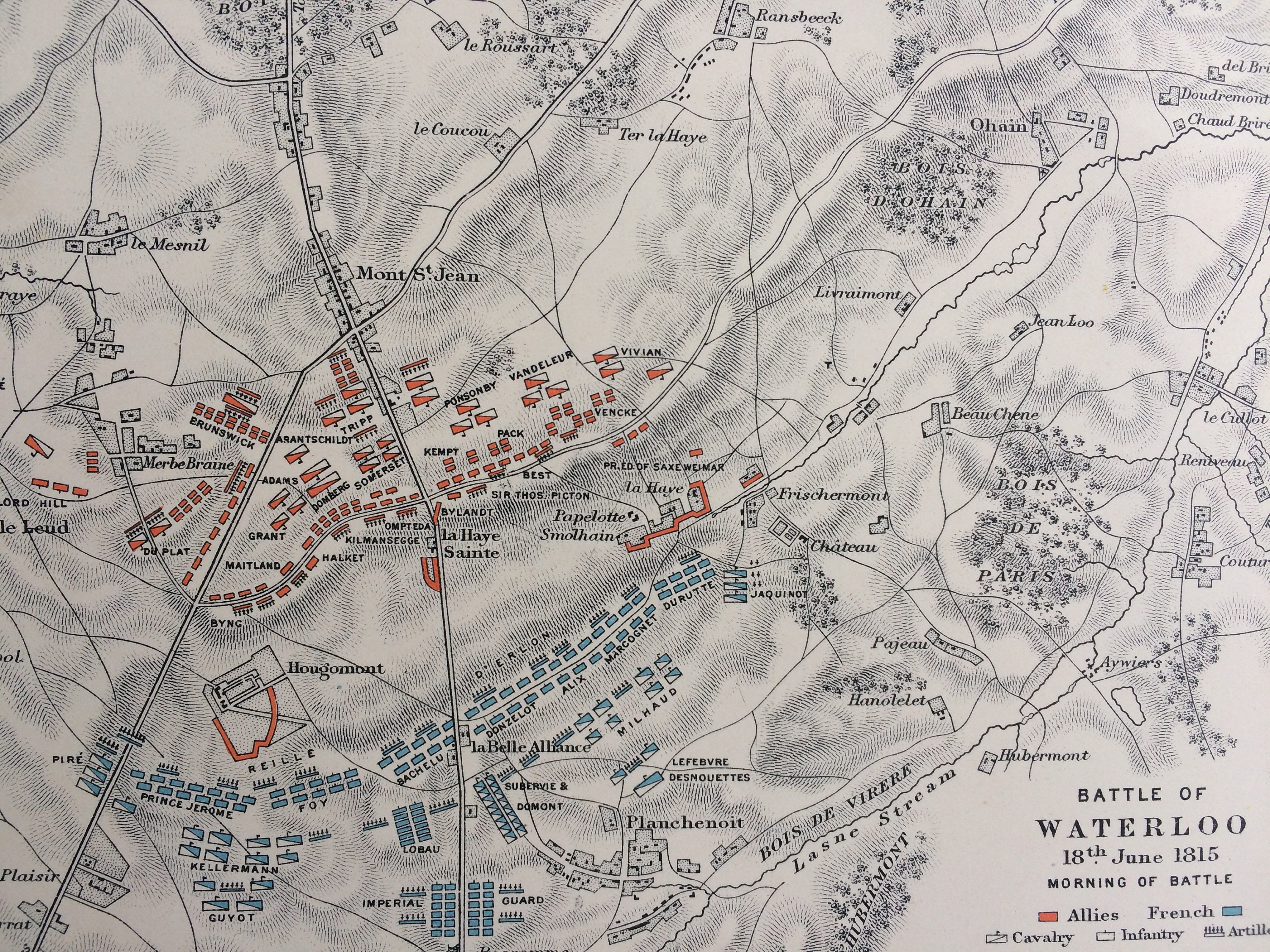 1910 Battle of Waterloo Original Antique Map showing cavalry, artillery ...