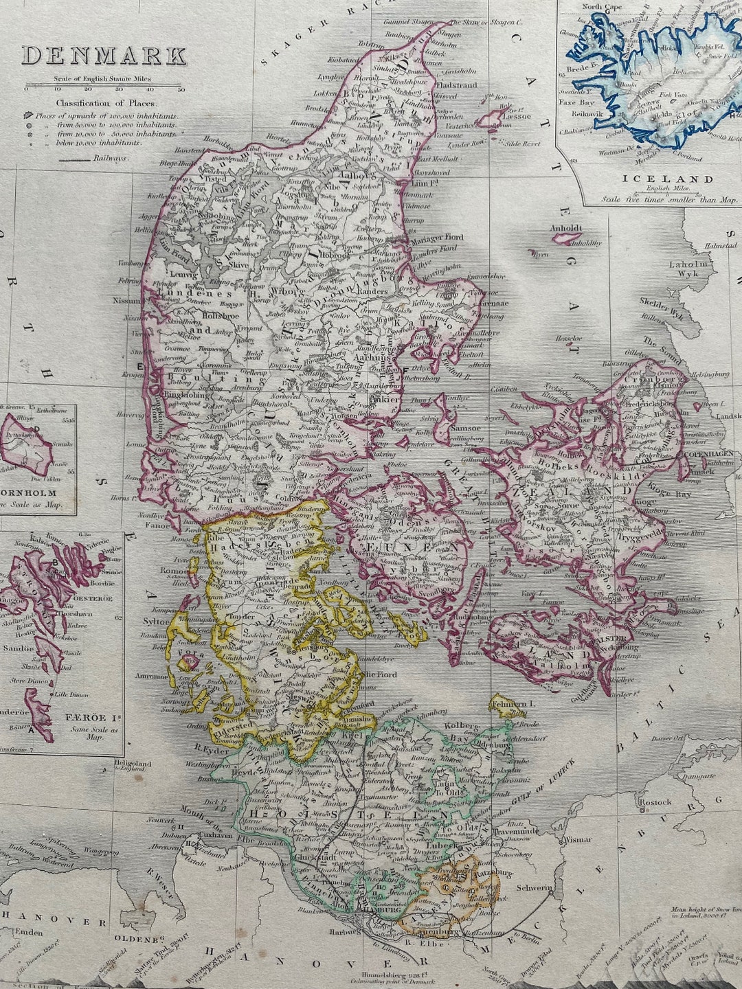 1853 Denmark Original Antique Map Showing Railways and Diagram of ...