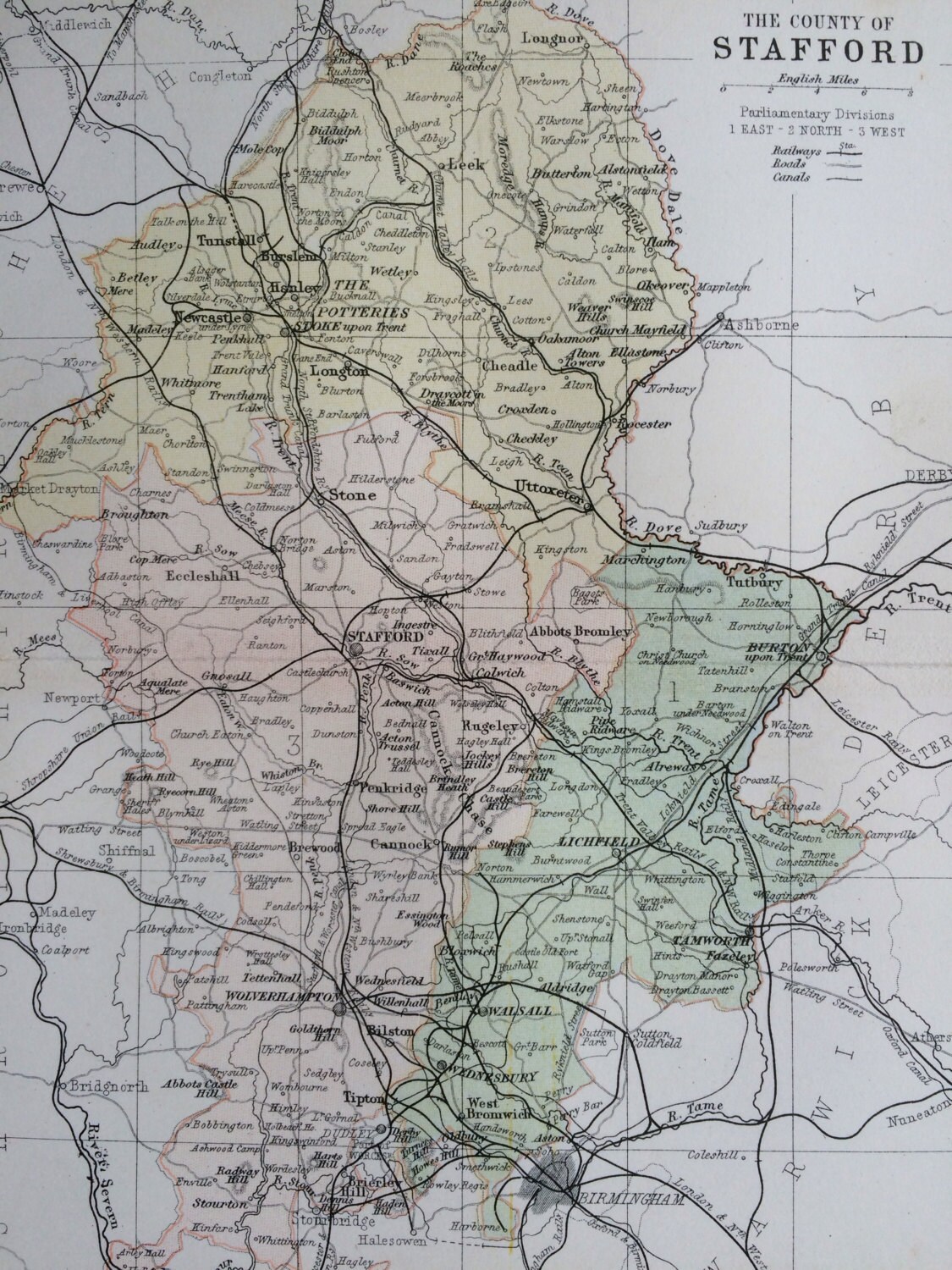 1882 STAFFORD original antique map, english county, cartography ...