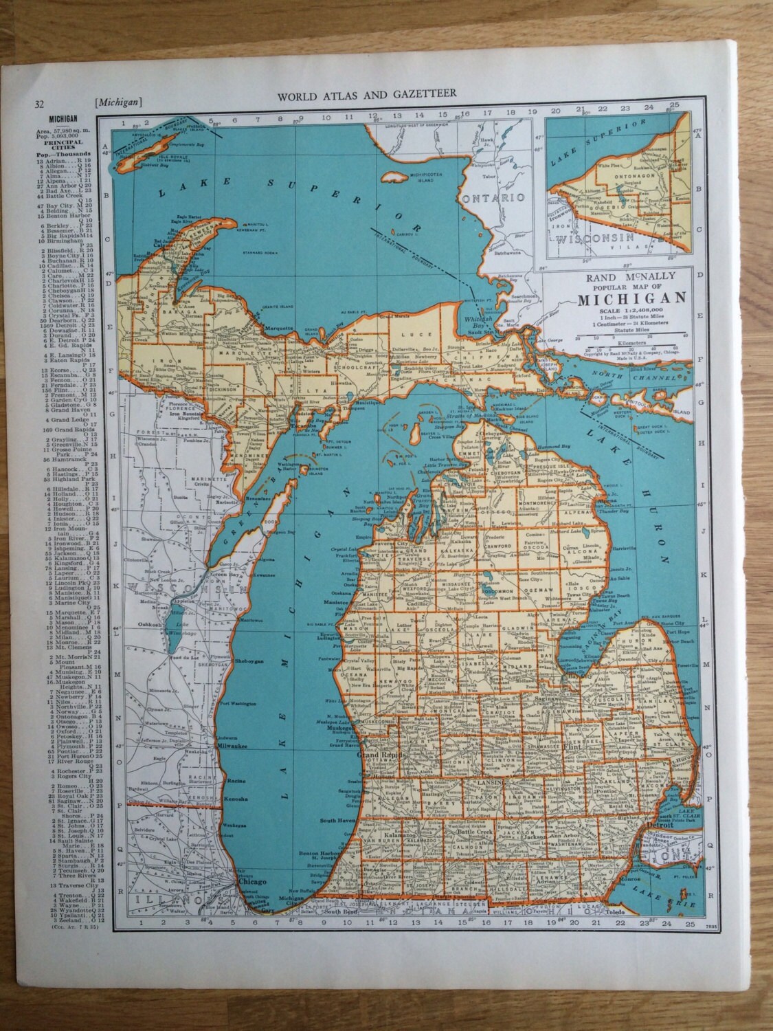 1937 MICHIGAN Original Vintage Map, 11 x 14 inches, State Map, Rand ...