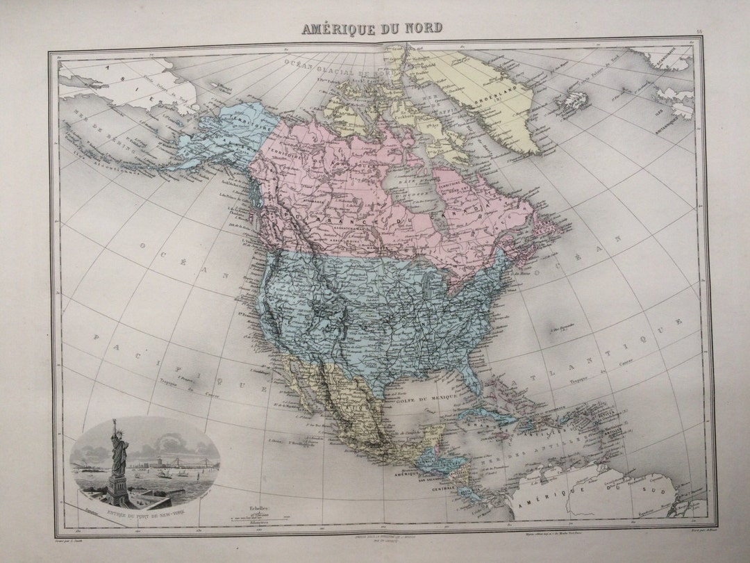 1892 North America Original Antique Map, Nouvel Atlas Illustre, French ...