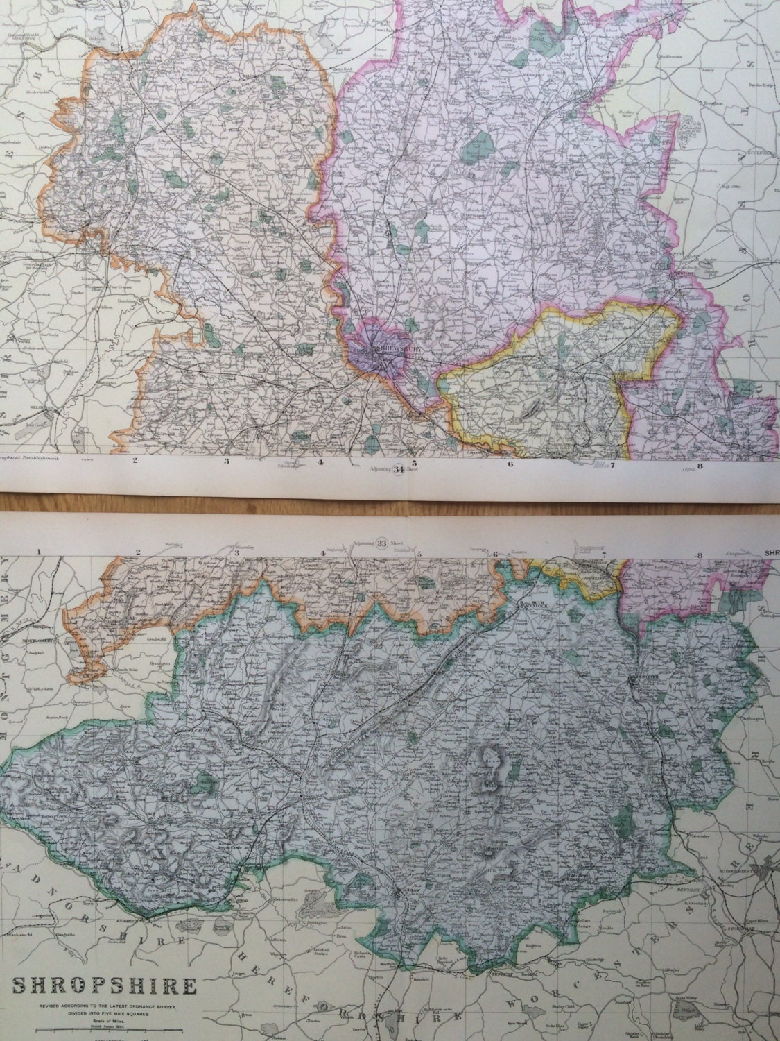 1907 SHROPSHIRE Set of 2 Large Original Antique Maps, 20.5 x 13.5 ...