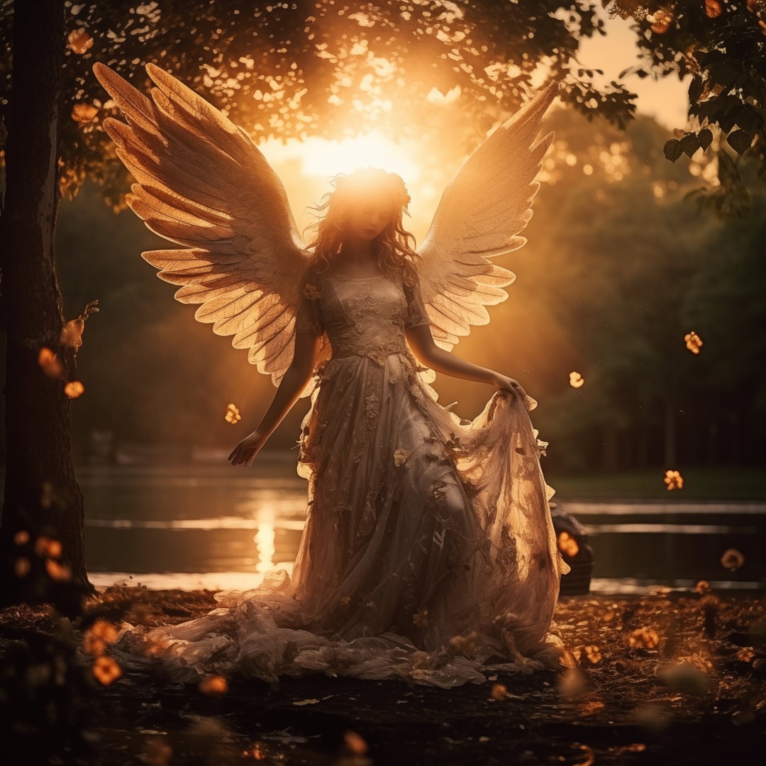 A White Dressed Angel Standing in A Park Besides A Lake Digital Prints ...