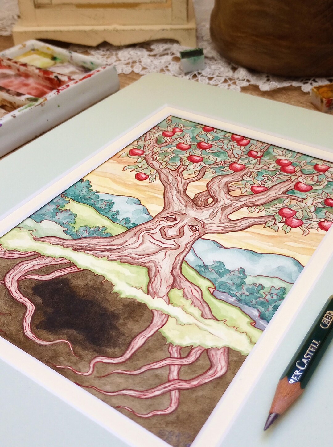 The Apple Tree: Original Watercolor Painting — Double-matted Fantasy ...
