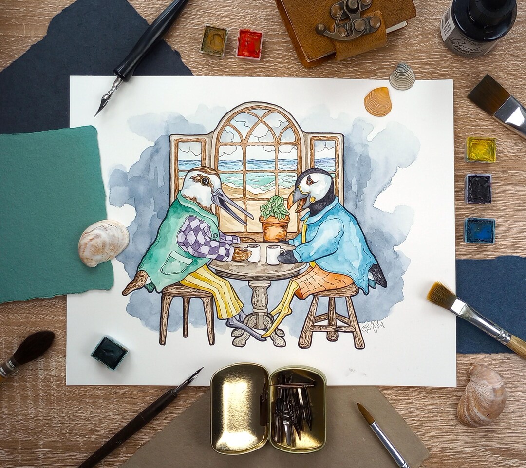 Puffin and Piper Original Watercolor Illustration: Whimsical Shorebird ...