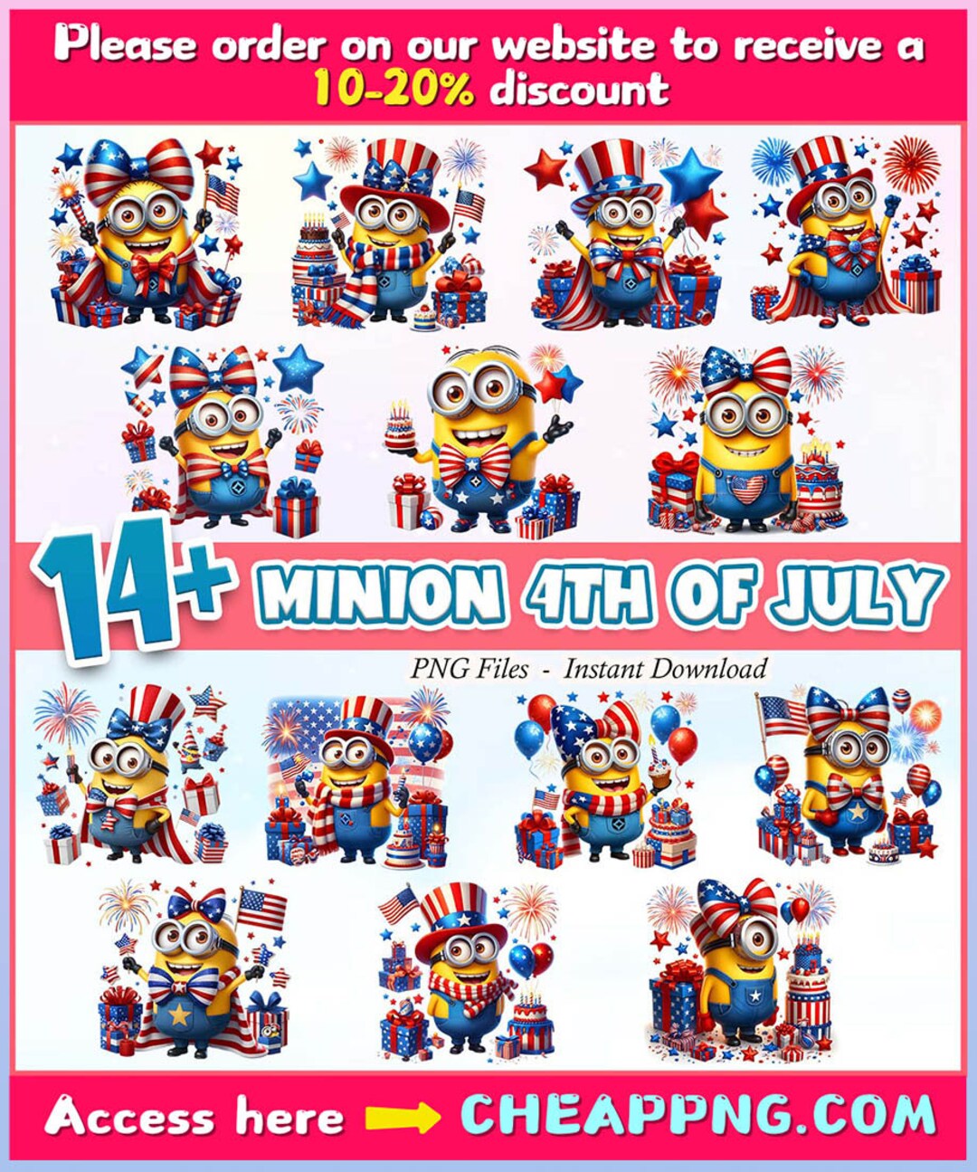 Minion in 4th July Day Png, Cartoon in Red White and Blue, PNG File for ...