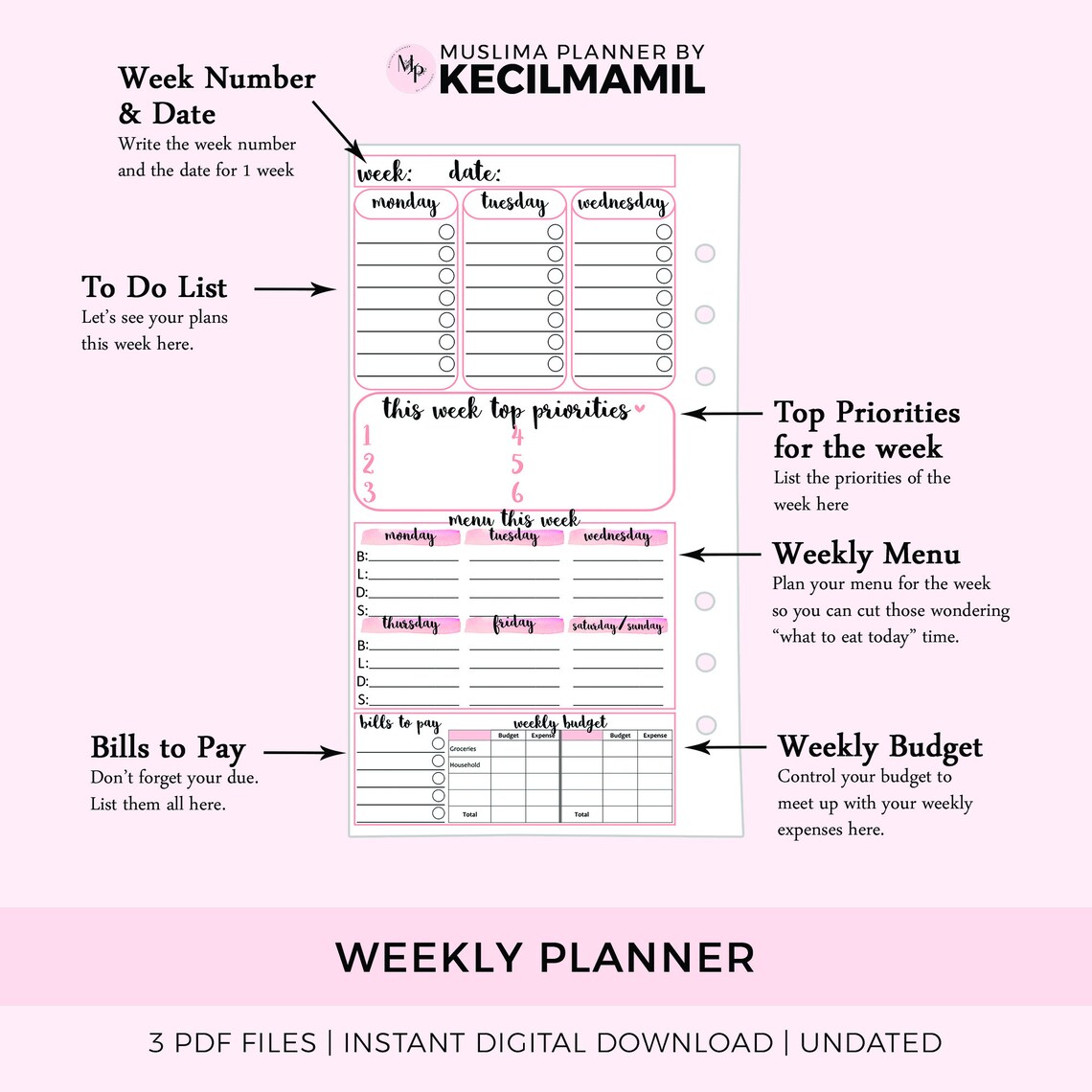 Islamic DAILY, WEEKLY, & MONTHLY Planners by Kecilmamil personal Size ...