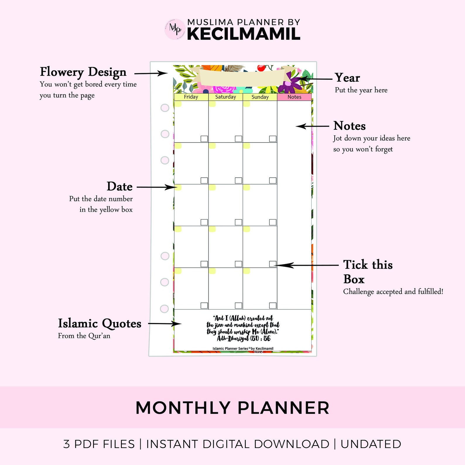 Islamic DAILY, WEEKLY, & MONTHLY Planners by Kecilmamil personal Size ...