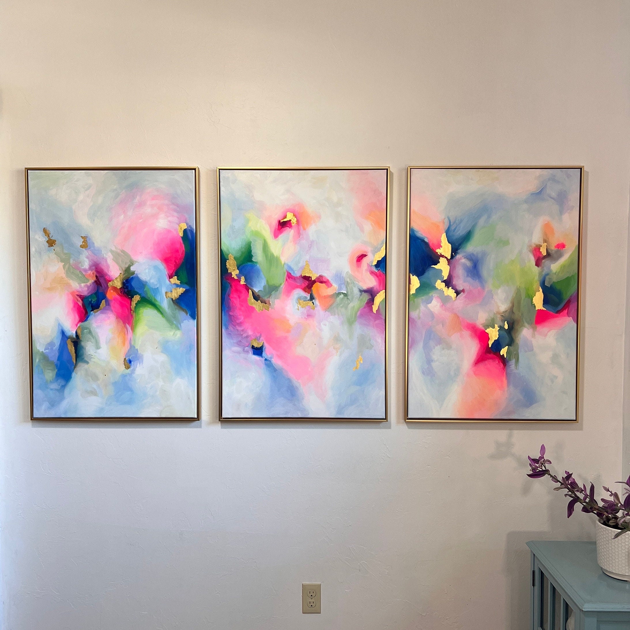 Colorful Abstract 3 Piece Art Print Set With Gold Leaf - Etsy