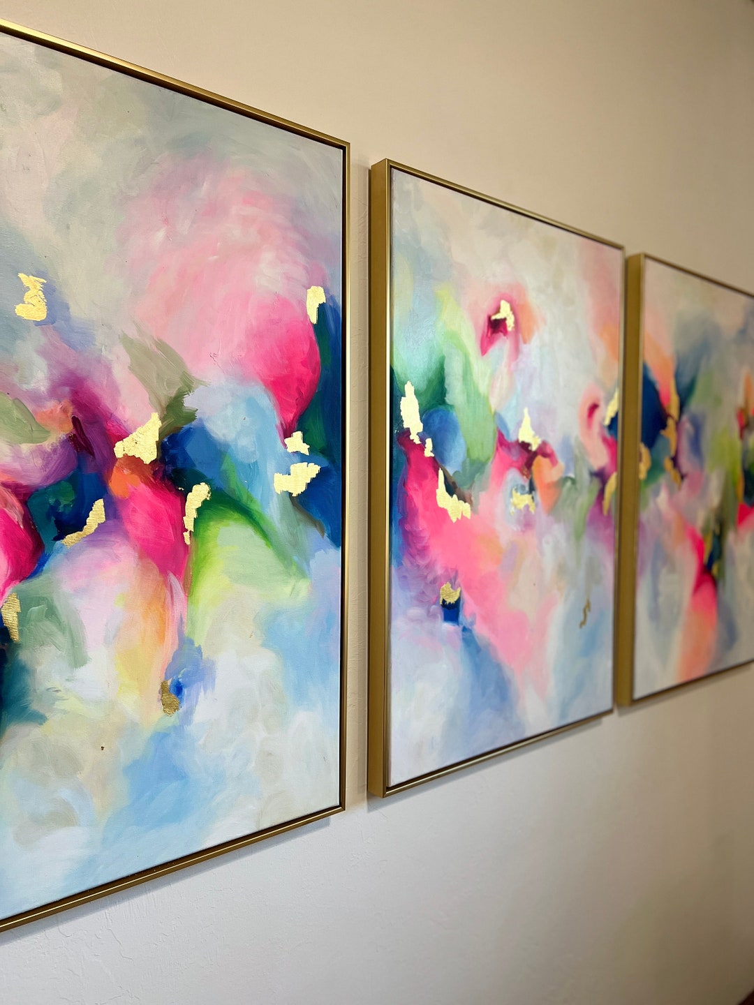 Colorful Abstract 3 Piece Art Print Set With Gold Leaf - Etsy