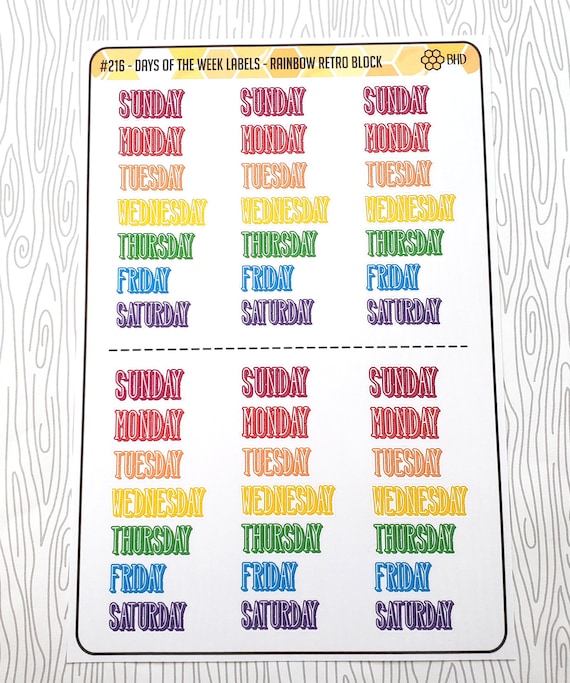 Days of the Week Labels // Rainbow Retro Block set of 42 - Etsy