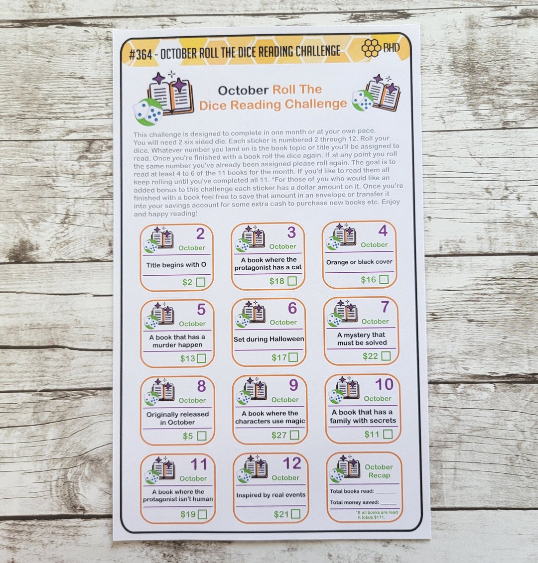 October Roll the Dice Reading Challenge (set of 1 Sheet) Item #364 - Etsy
