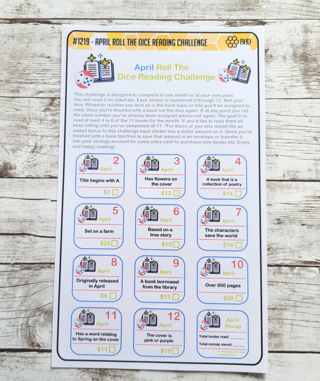 April Roll the Dice Reading Challenge (set of 1 Sheet) Item #1219 - Etsy