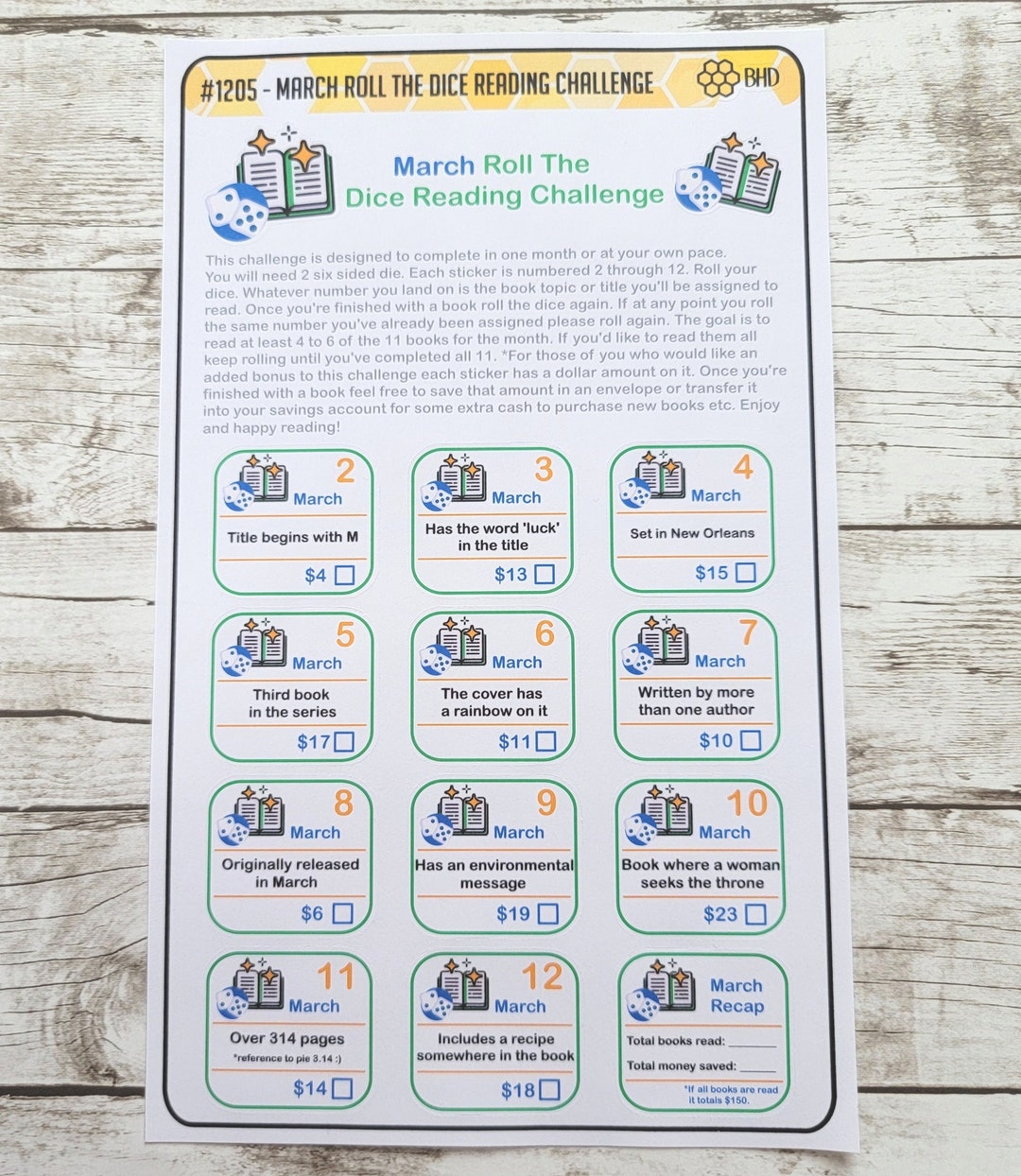 March Roll the Dice Reading Challenge (set of 1 Sheet) Item #1205 - Etsy