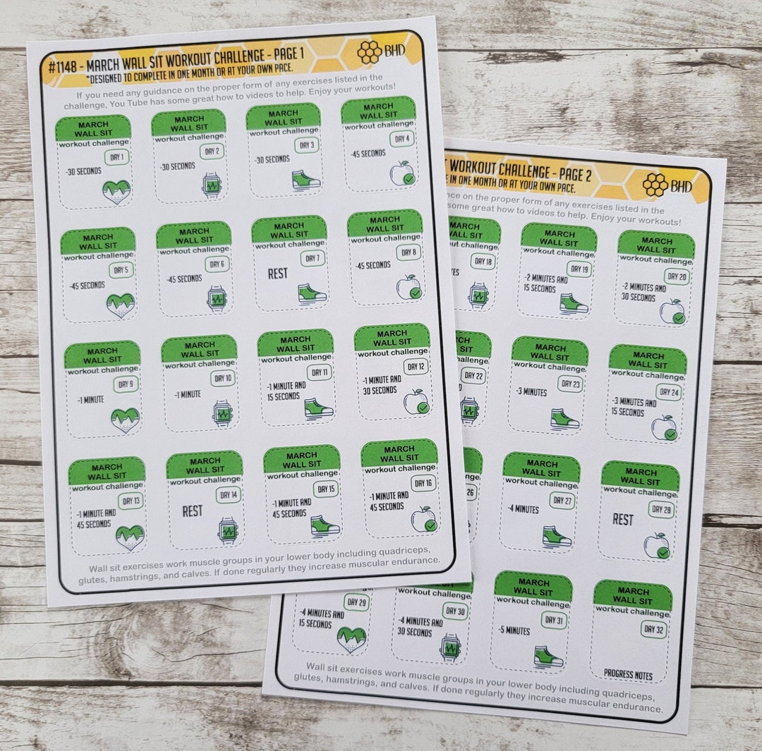 March Wall Sit Workout Challenge (set of 2 Sheets) Item #1148 - Etsy