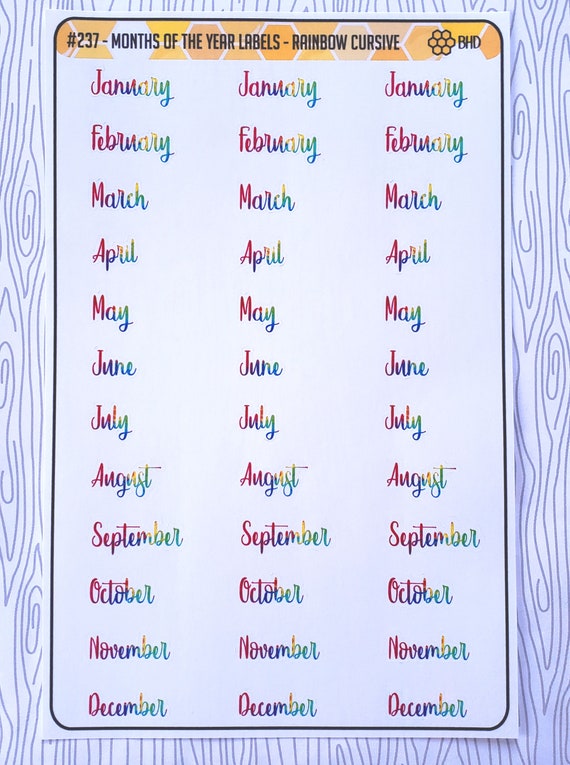 Months of the Year Labels // Rainbow Cursive set of 36 Item - Etsy
