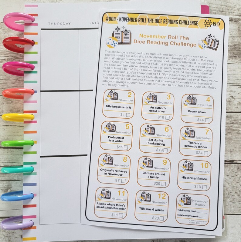 November Roll the Dice Reading Challenge (set of 1 Sheet) Item #008 - Etsy