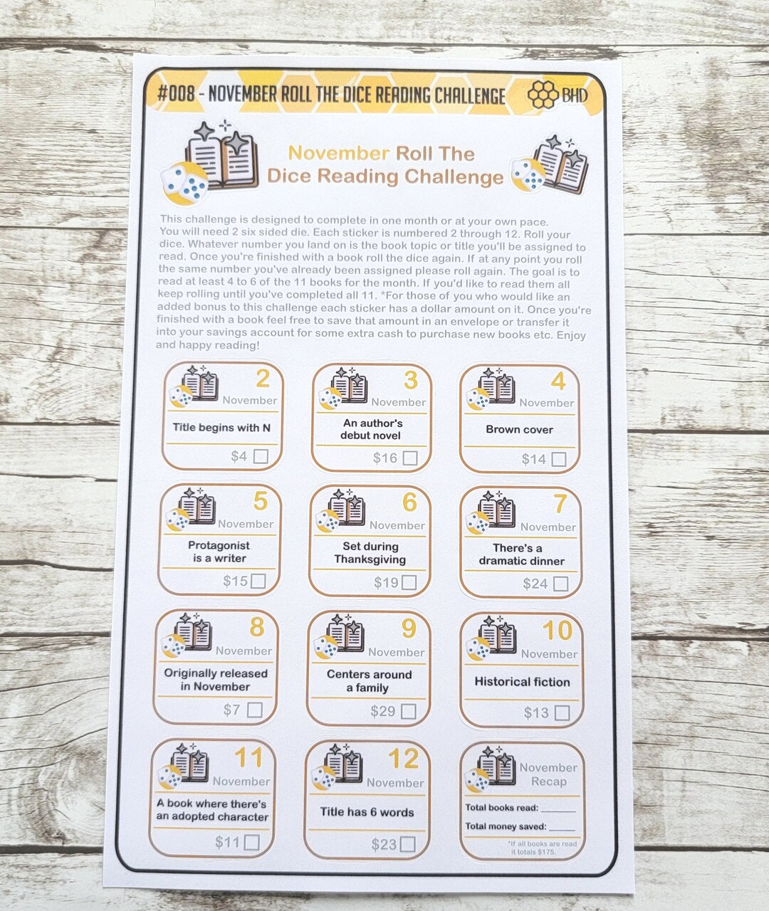 November Roll the Dice Reading Challenge (set of 1 Sheet) Item #008 - Etsy