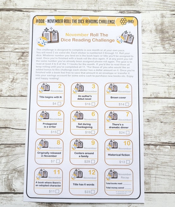 November Roll the Dice Reading Challenge set of 1 Sheet Item - Etsy
