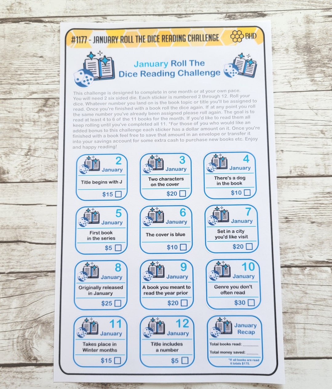 January Roll the Dice Reading Challenge (set of 1 Sheet) Item #1177 - Etsy