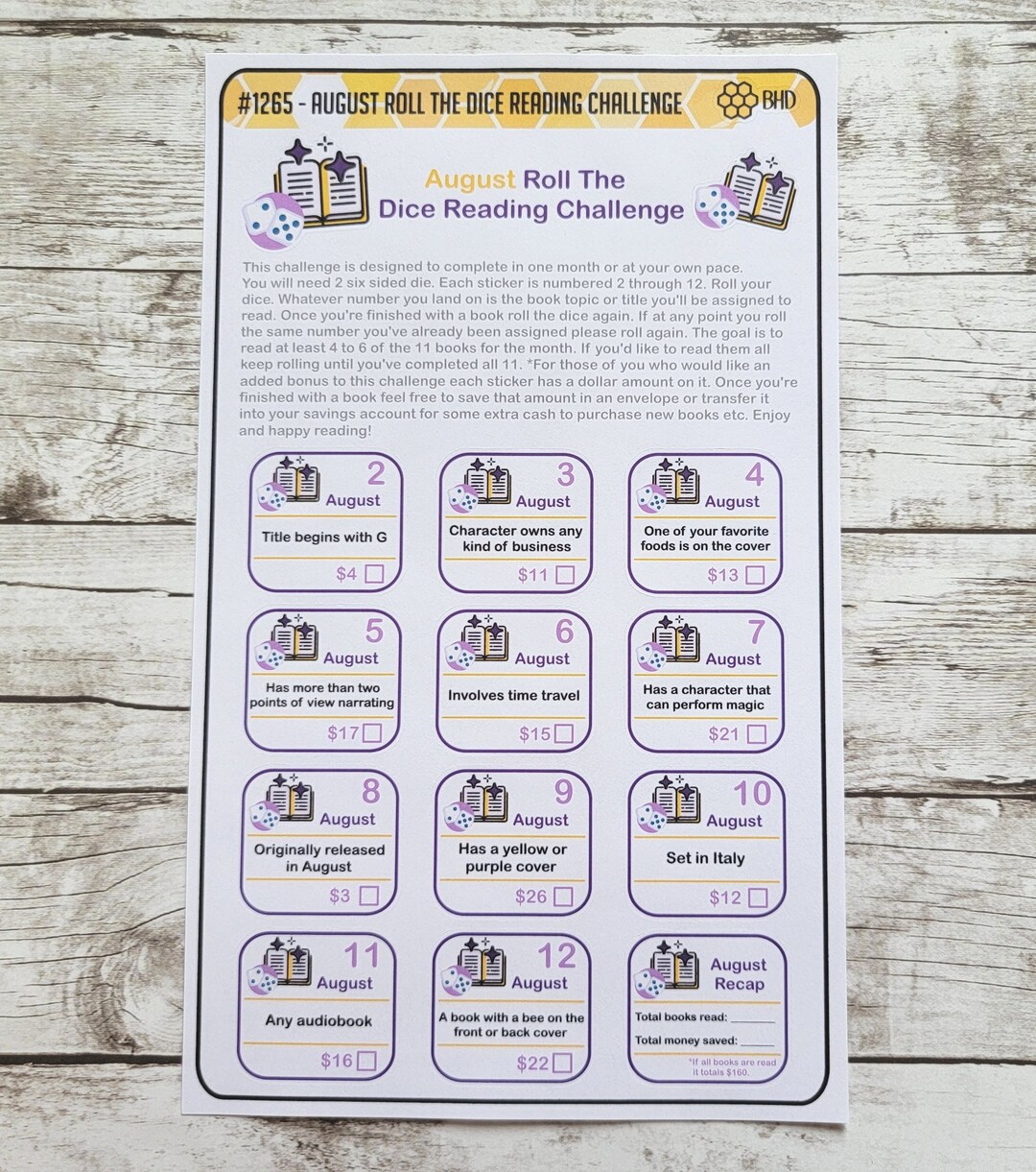 August Roll the Dice Reading Challenge (set of 1 Sheet) Item #1265 - Etsy