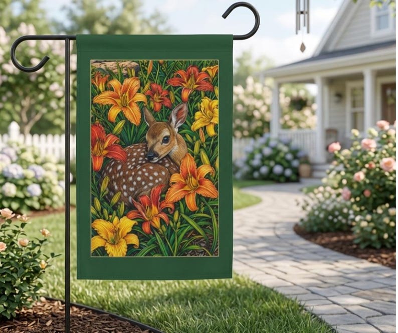 Fawn Among Daylilies Garden Banner House Yard Flag - Woodland Wildlife ...