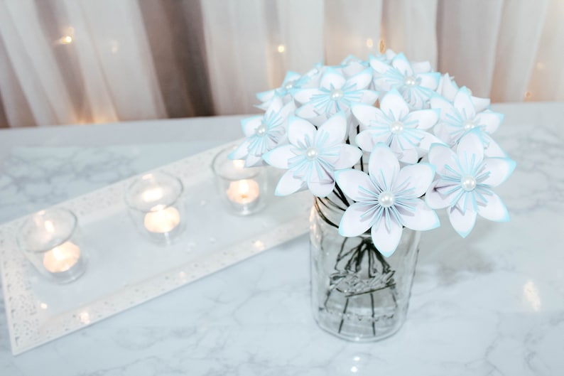 White and Baby Blue Origami Flowers for Wedding or Valentines Day (set ...