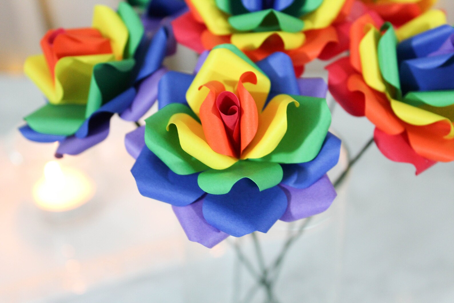 Rainbow Paper Flower Roses With Stems Paper Anniversary Gift | Etsy
