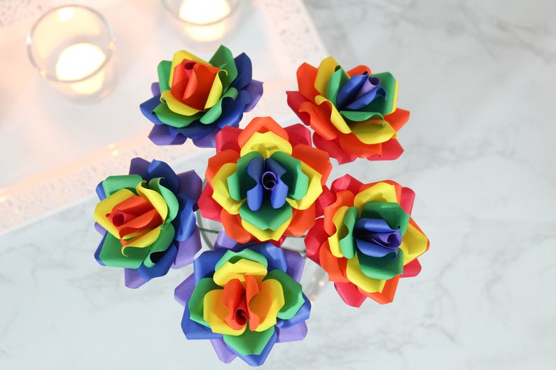 Rainbow Paper Flower Roses With Stems Paper Anniversary Gift | Etsy