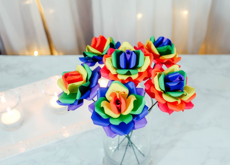 Rainbow Paper Flower Roses With Stems Paper Anniversary Gift - Etsy