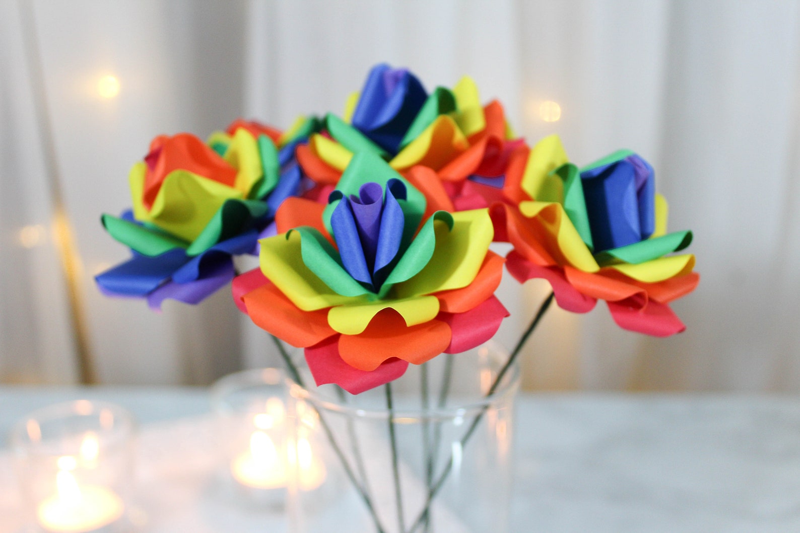 Rainbow Paper Flower Roses With Stems Paper Anniversary Gift | Etsy
